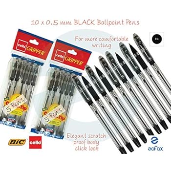 10 x BIC CELLO Gripper 0.5mm BLACK Ballpoint Pens Elasto Grip Smooth ...