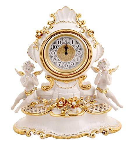 Refined Baroque Ceramic Clock With White And Gold Porcelain Angels With ...