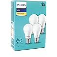 Philips LED Classic A60 Frosted Light Bulb 4 Pack [E27 Edison Screw] 8W - 60W Equivalent, Warm ...