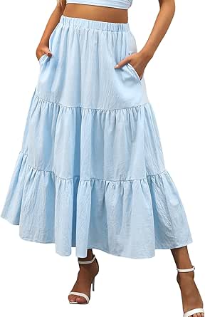 gfdrt Maxirock für Damen, einfarbig, Rüschen, fließend, hohe Taille ...