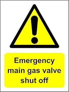 EMERGENCY MAIN GAS VALVE SHUT OFF SIGN - Self adhesive sticker 150mm x ...