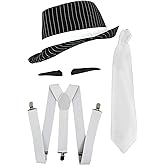 GANGSTER FANCY DRESS ACCESSORY SET WHITE TIE + WHITE BRACES + 3X SPIV MOUSTACHES + BLACK TRILBY ...