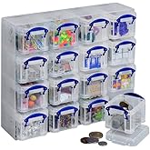 Really Useful Plastic Storage Box 0.3 Litre Organiser Pack (16 x 0.3L) Clear Frame with Clear ...