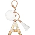 MWOOT Porte Clé Lettre Peluche Tassel, Initial Résine Or Blanc Keychain ...