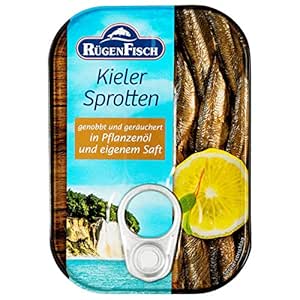 Rügenfisch Kieler Sprotten geräuchert in Pflanzenöl (10 x 90g): Amazon ...