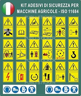 20 PITTOGRAMMI ADESIVI ISO 11684 SEGNALETICA DI PERICOLO PER LA MESSA IN SICUREZZA DI TRATTORI E ...