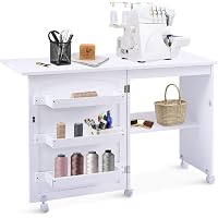COSTWAY Folding Sewing Table, 2-in-1 Rolling Craft Table with Storage ...
