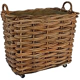 Bamboo Rattan Rectangle Extra Large Storage Log Basket with Wheels and ...