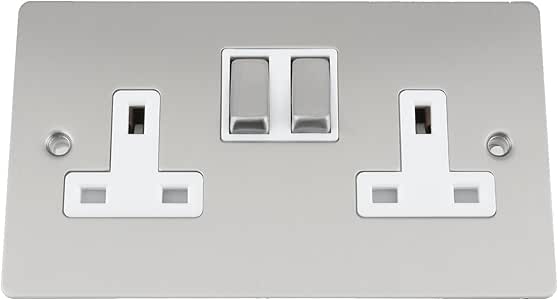 Wall Socket 2 Gang - Satin Matt Chrome Flat - White Insert - Metal ...