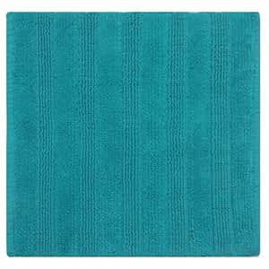 Homescapes Handloomed Teal Square Solid Striped Rug, 100% Cotton Bath ...
