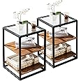 Beistelltisch Nachttisch 2er Set Sofatisch mit 3 Ablagen kleine Couchtische aus Holz Glas Metall ...