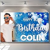 GRESATEK Blue Silver Birthday Backdrop, Blue Happy Birthday Banner Party Decorations Set for ...