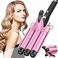 3 Barrel Hair Curler, Pink Hair Waver Curling Iron, Big Wave Hair Crimper Wand with Two Speed ...