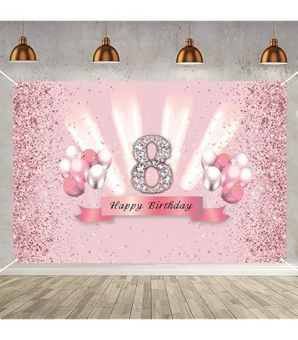Happy 8th Birthday Pink Backdrop Banner 59x35.4 Fabric Sign Happy 8th ...