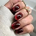 24PCS Red Fake Nails - Cat Eye False Nails with Glue - Short Square ...