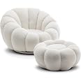 Puff White Boucle Fabric Pumpkin Snuggle Accent Chair with Footstool ...