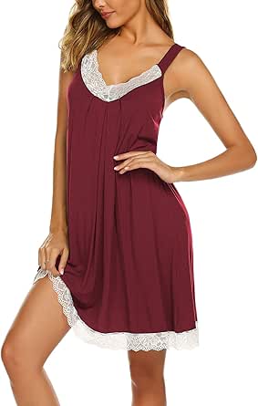 Ekouaer Womens Nightdress Chemise Sleepwear Full Slips Lace Nightgown Nightie V-neck Soft Jersey ...