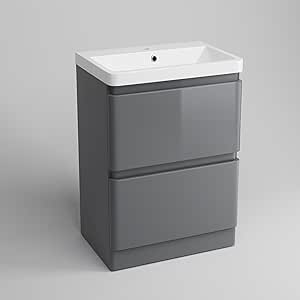 600 mm Grey Vanity Sink Unit Ceramic Basin Bathroom Drawer Storage ...