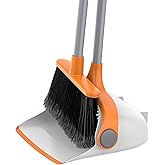JEHONN Broom and Dustpan Set, 137 cm Long Handled Sweeping Brush and Upright Standing Dust Pan ...