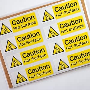 8 x Caution Hot Surface Warning Stickers - 6cm x 2cm Surfaces up to 100 ...