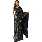Buy AKHILAM Women's Black Georgette Embellished Saree With Unstitched Blouse Piece (AARYAN12701 ...