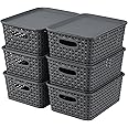 Bringer 6 Pack Plastic Woven Storage Basket with Lid, Stackable Lidded ...