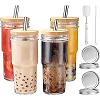 ONEHAUS Glass Cups with Lids and Straws 4 Packs - 24oz Glass Tumbler ...