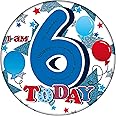 Age 6 Birthday Badge Blue, Red And Silver Balloons Holographic Recyclable 6th Birthday Party ...