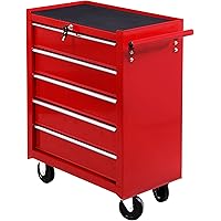 HOMCOM 5 Drawer Tool Box, Lockable Steel Tool Chest on Wheels, Rolling Tool Cabinet with 5 ...