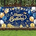 Yontree Happy Birthday Banner Blue Gold 1.8 x 1.1 m Happy Birthday Photo Backdrop Banner Navy ...