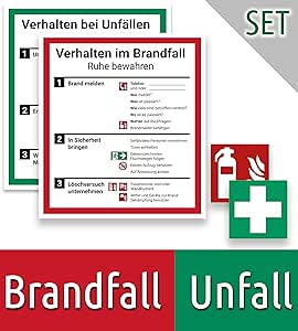 Schild Aushang Verhalten im Brandfall und Verhalten bei Unfällen als Set, Klebe Plakat 18x20cm ...