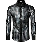 JOGAL Mens Dress Shirt Sequins Short Sleeve Button Down 70s Disco Shirt Party Costume : Amazon ...