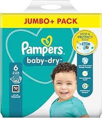Pampers Baby-Dry Size 6, 62 Nappies, 13-18 kg, Jumbo+ Pack, Air ...