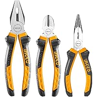 INGCO 3Pcs High Leverage Pliers Set, 8" Combination Pliers and 7" Diagonal Cutting Pliers and 6 ...