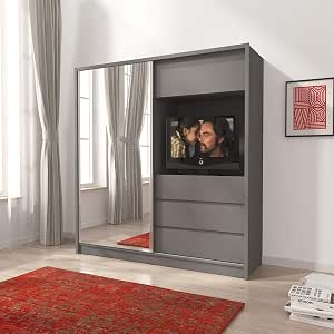 PSK BMF 'TV200 GREY' Modern Wardrobe 200CM Wide Sliding Mirrored Door ...