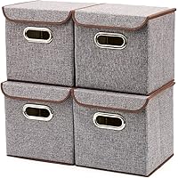 EZOWARE Set of 4 Linen Fabric Foldable Storage Cubes with Lid ...
