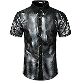 JOGAL Mens Dress Shirt Sequins Short Sleeve Button Down 70s Disco Shirt Party Costume : Amazon ...