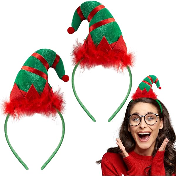 For Adults 2-Pack Christmas Elf Hat Headbands, Red & Green Furry Trim ...