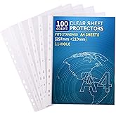MARKQ A4 Transparent file, 100 Pcs Clear Plastic Folder Punched Pockets for Filing Paper ...