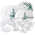 Cello Opalware Dazzle Series Aqua Leaves Dinner Set, 57Pcs | Opal Glass Dinner Set for 8 | Light ...