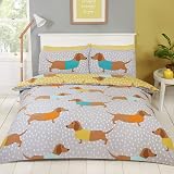 Sleepdown Sausage Dogs Animal Print Grey Stripe Reversible Duvet Cover ...