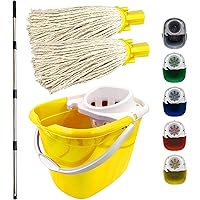 Floor Mop and Bucket Set - 2PC Mops for Cleaning Floors with Bucket, Pure Yarn Mop Heads and ...
