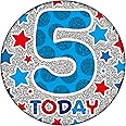 Age 5 Birthday Badge Blue, Red And Silver Holographic Recyclable 5th Birthday Party Badge ...