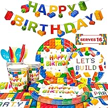 Building Block Party Supplies Includes Paper Plates, Cups,