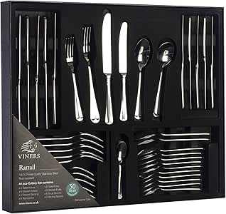 Viners Rattail 44 Piece 18/10 Stainless Steel Cutlery Canteen Set in ...
