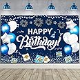 Happy Birthday Banner Decorations, Blue Silver Party Backdrop Banner Party Background Decor ...