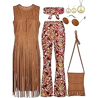 SOMSOC 7 Pieces 70s Women Hippie Costume Set Includes Fringe Vest Bag Pants Headband Peace Sign ...