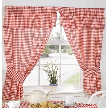 Rideaux Vichy Carreaux Rouge Blanc Cuisine 117 x 122 cm + Attaches ...