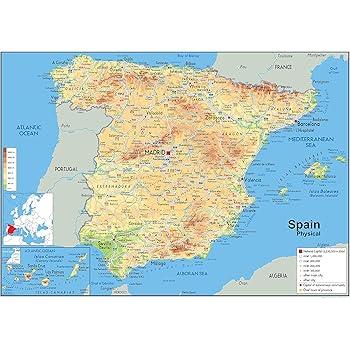 Spain Physical Map - Paper Laminated - A2 Size 42 x 59.4 cm: Amazon.co ...