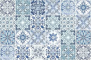 WALPLUS 15cm(6") 24 pcs Tile Stickers Blue Turkish Mediterranean Peel ...